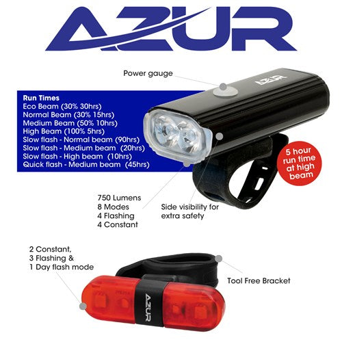 Azur USB Halo 750/25 Lumens Light Set - bikes.com.au
